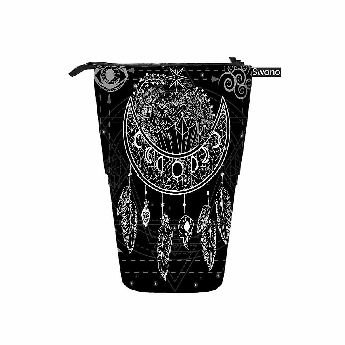 Swono Moon Dreamcatcher Colored Pencil Case Flowers Crystals Stars Arrows Feathers Boho Chic Style Standing Pencil Case Pencil Holder Pencil Pouch Cosmetics Pouch Makeup Office Bag Black White