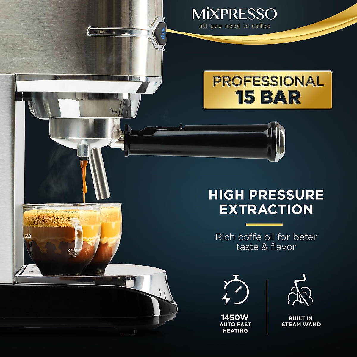 Mixpresso Professional Espresso Machine for Home 15 Bar with Milk Frother Steam Wand, Espresso Maker with Double-Cup Splitter, 1450w Fast Heating, Cappuccino and Latte machine with 37Oz Water Tank