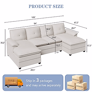 Shintenchi 110" Sectional Sofa Couch, U-Shaped Modular Couch Sleeper with Thick Cushion & Soft Backrest, 4 Seat Sofa Couch with Double Chaise for Living Room, Creamy White