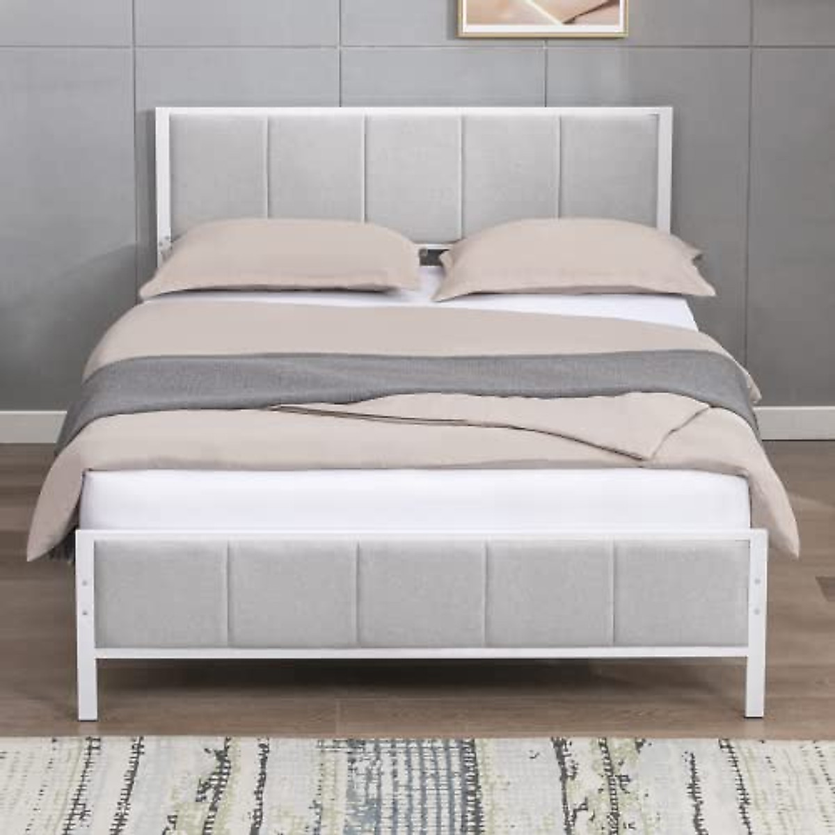 BALUS California King Size Bed Frame, Linen Upholstered Platform Bed Bedroom, Bed Frame with Channel Tufted Headboard, No Box Spring Needed - Light Grey