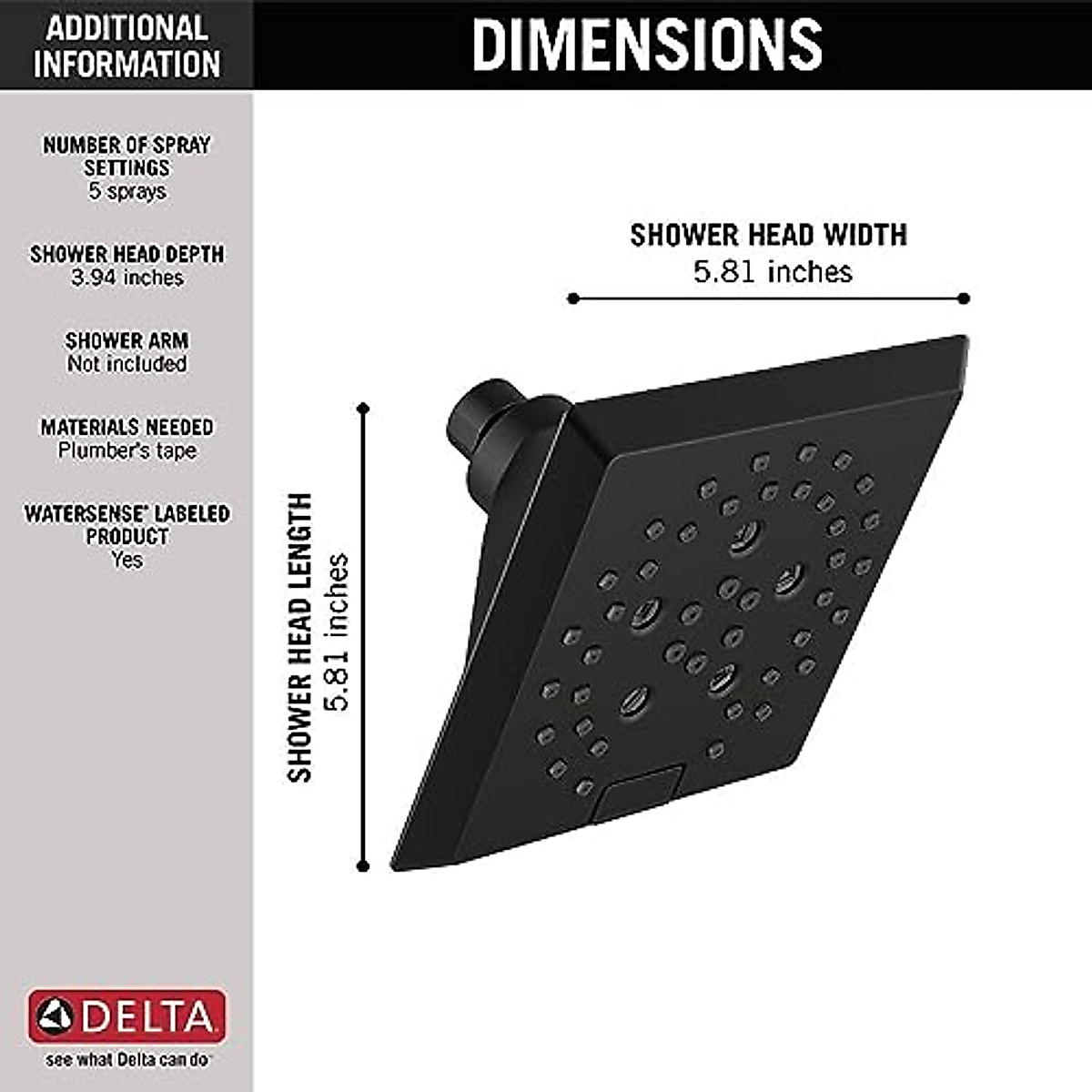 Delta Faucet 5-Spray H2Okinetic Raincan Shower Head, Black Showerhead, Square Shower Head, Delta Shower Head, Water Saving Shower Head, Matte Black 52664-BL