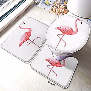 HGOD DESIGNS Flamingo Bath Mat,Summer Pink Flamingo Bathroom Mat 3 Piece Set Non-Slip Bathmat Antiskid Pad Doormat and Toilet Lid Cover Set