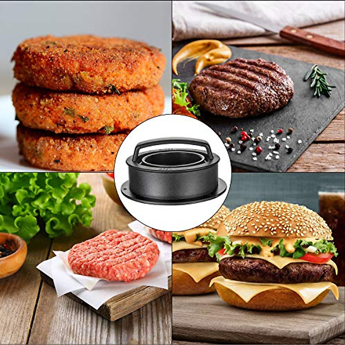 TAOUNOA Hamburger Press Patty Maker, 3 in 1 Non-Stick Burger Press with 100 Pcs Wax Paper for Making Delicious Burgers, Perfect Shaped Patties for Grilling and Cooking