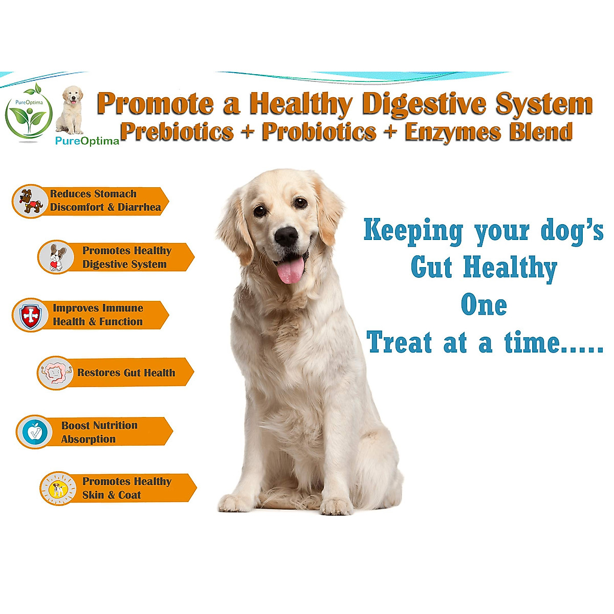 PureOptima Probiotics Chews for Dogs, Digestive Enzymes + Prebiotics Improves Digestion, Diarrhea, Constipation, Gas, Bad Breath, Leaky Gut, Allergy Immunity Daily Supplement 120 Counts