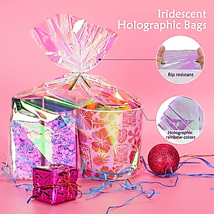 TYRSEN Cellophane Bags, 50 Pcs 9x12 Cello Bags with Twist Ties Holographic Iridescent Cello Gift Bags for Easter Day Birthday Party Halloween Xmas