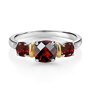Gem Stone King 1.83 Ct Cushion Checkerboard Red Garnet 925 Silver and 10K Yellow Gold Diamond 3-Stone Ring (Size 7)