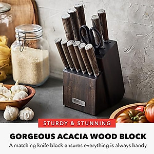 GreenPan x Bobby Flay 13 Piece Stainless Steel Cutlery Kitchen Knife Block Set, Premium Stainless Steel Blades, Acacia Wood Knife Block, Hand Finished Wood Handle, Damascus Steel Design