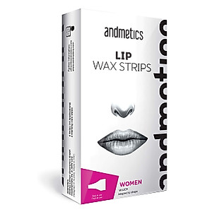 VEGAN Andmetics LIP Wax Strips for Women - Facial Hair Removal with Aloe Vera for the Upper Lip - Easy to Use - All Skin Types - Adapted Lip Shape - 8 Strips (16 Applications) + 4 Calming Wipes