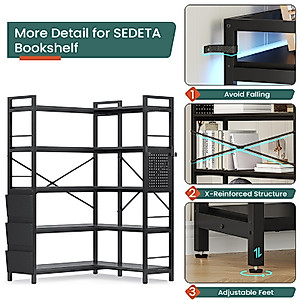 SEDETA 5 Tier Corner Bookshelf, Modern Corner Bookcase, Convertible Bookshelf with Storage Bag, Pegboard & LED Light, Tall Bookshelves for Bedroom, Living Room and Home Office, Black