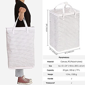 Hinwo 2-Pack 70L Extra Large Canvas Fabric Storage Bins with 77L Laundry Hamper, Grey Stripe