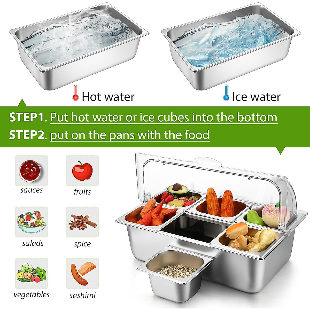 GCIUEMMH Chilled Veggie Tray with Lid - Stainless Steel Food Serving Tray Buffet Condiment Dispenser 6 Pan Countertop Food Serving Container with Clear Top Cover for Seafood Fruit Party Buffet Tray