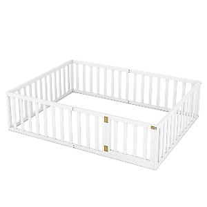 Luxo Abode Multifunctional Queen Size Floor Bed with Safety Guardrails and Door, Montessori Sturdy Solid Wood Beds Frame, Easy Assembly and No Spring Need, for Boys and Girls Room, White
