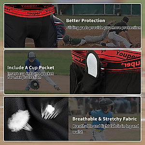 Youper Boys Youth Padded Sliding Shorts with Soft Protective Athletic Cup for Baseball, Football, Lacrosse (Black Red, Small)