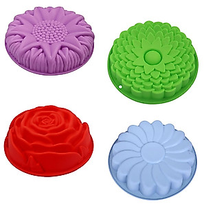 4 Pack Flower Shape Silicone Cake Mold, Non-Stick Large Flower Baking Trays Sunflower Chrysanthemum Rose Whirlwind Pattern Bread Pie Flan Tart Mold Silicone Baking Molds Pan for Holiday Birthday Party