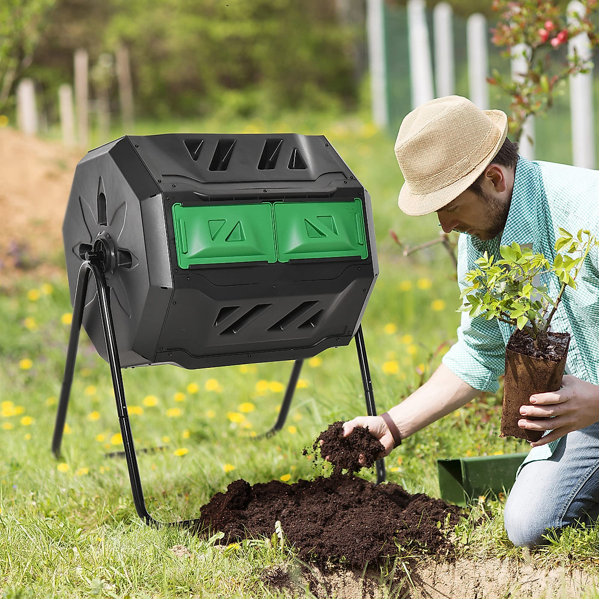 Outsunny Tumbling Compost Bin Outdoor 360° Dual Chamber Rotating Composter 43 Gallon, Green
