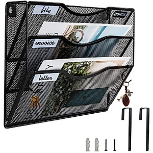 BOHDK Wall File Organizer, 3 Tire Hanging File Folder Organizer, Vertical Mesh Metal Door/Wall Mount Hanging File Holder. Paper Document Magazine Rack with Hooks for Home Office Black