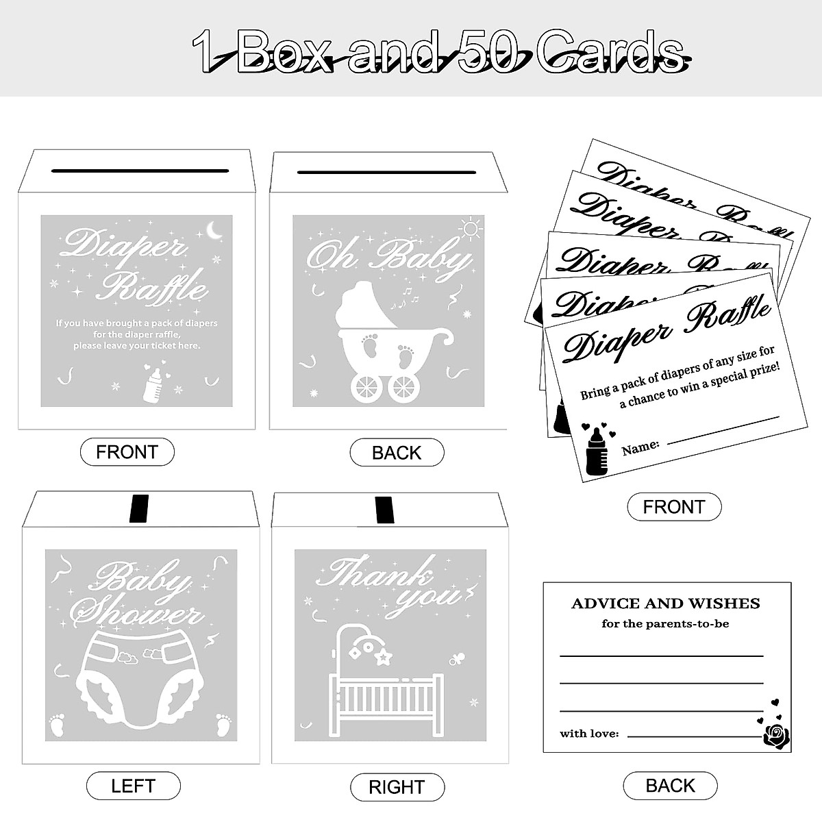 QISOLIY 50 Pieces Diaper Raffle Tickets with Box Baby Shower Game Invitations Diaper Raffle Cards Diaper Raffle Box Set for Baby Shower Gender Reveal Party Supplies Card Box (Clear White)