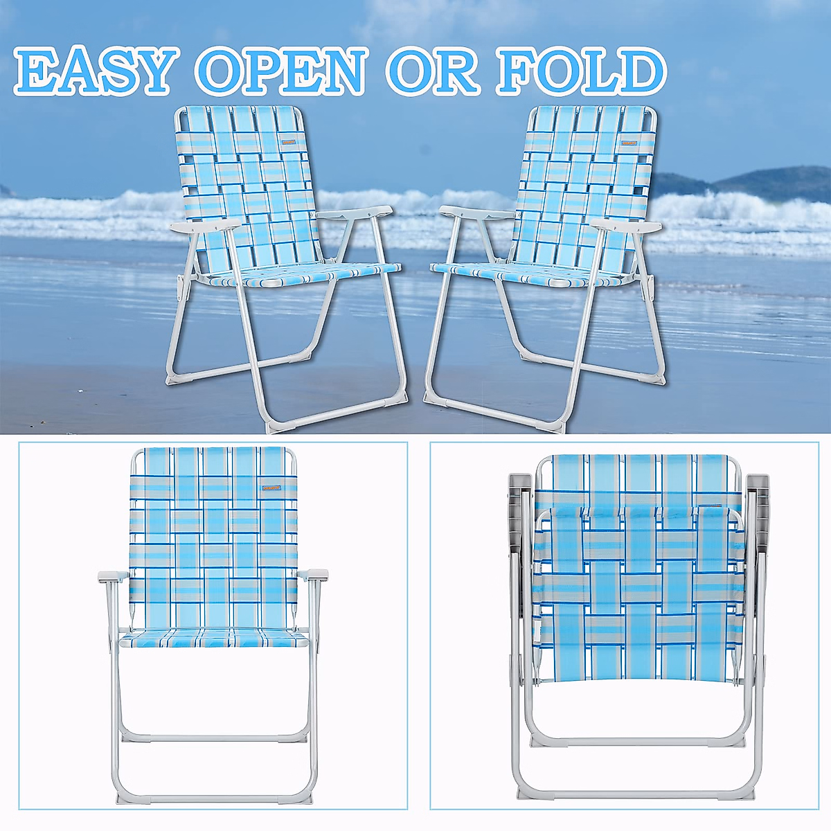 #WEJOY 2 Packs Extra Wide Aluminum Foldable Beach Chairs, High Back, Arm Rest, Lightweight, Portable, Blue