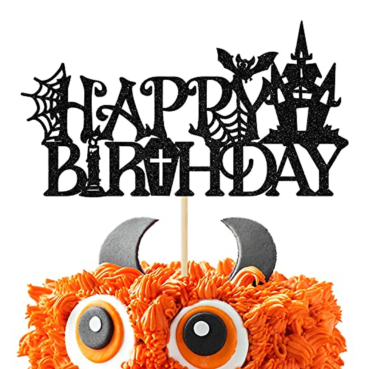 Black Glitter Halloween Happy Birthday Cake Topper, Birthday Witch/Rip Twenties, Halloween Themed Birthday Party Decorations