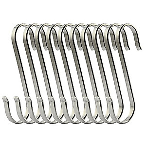 RuiLing 10-Pack Size Large Flat S Hooks Heavy-Duty Genuine Solid 304 Stainless Steel S Shaped Hanging Hooks,Kitchen Spoon Pan Pot Hanging Hooks Hangers Multiple uses.