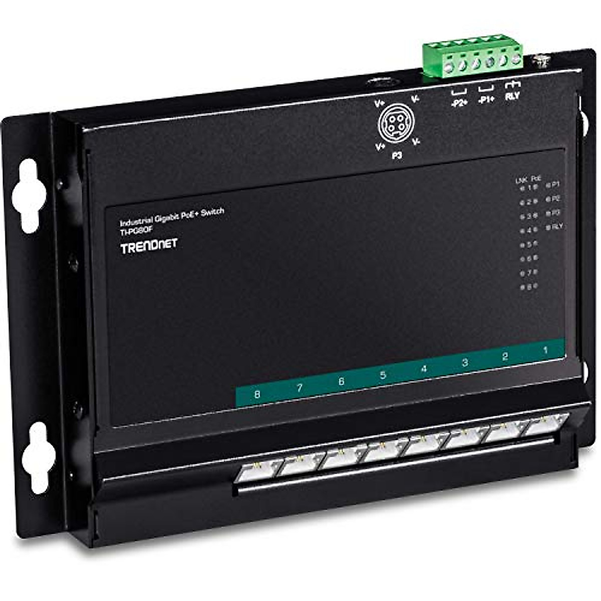 TRENDnet 8-Port Industrial Gigabit Poe+ Wall-Mounted Front Access Switch, TI-PG80F, 8X Gigabit Poe+ Ports, DIN-Rail Mount, 48 –57V DC Power Input, IP30, 200W Poe Budget, Lifetime Protection