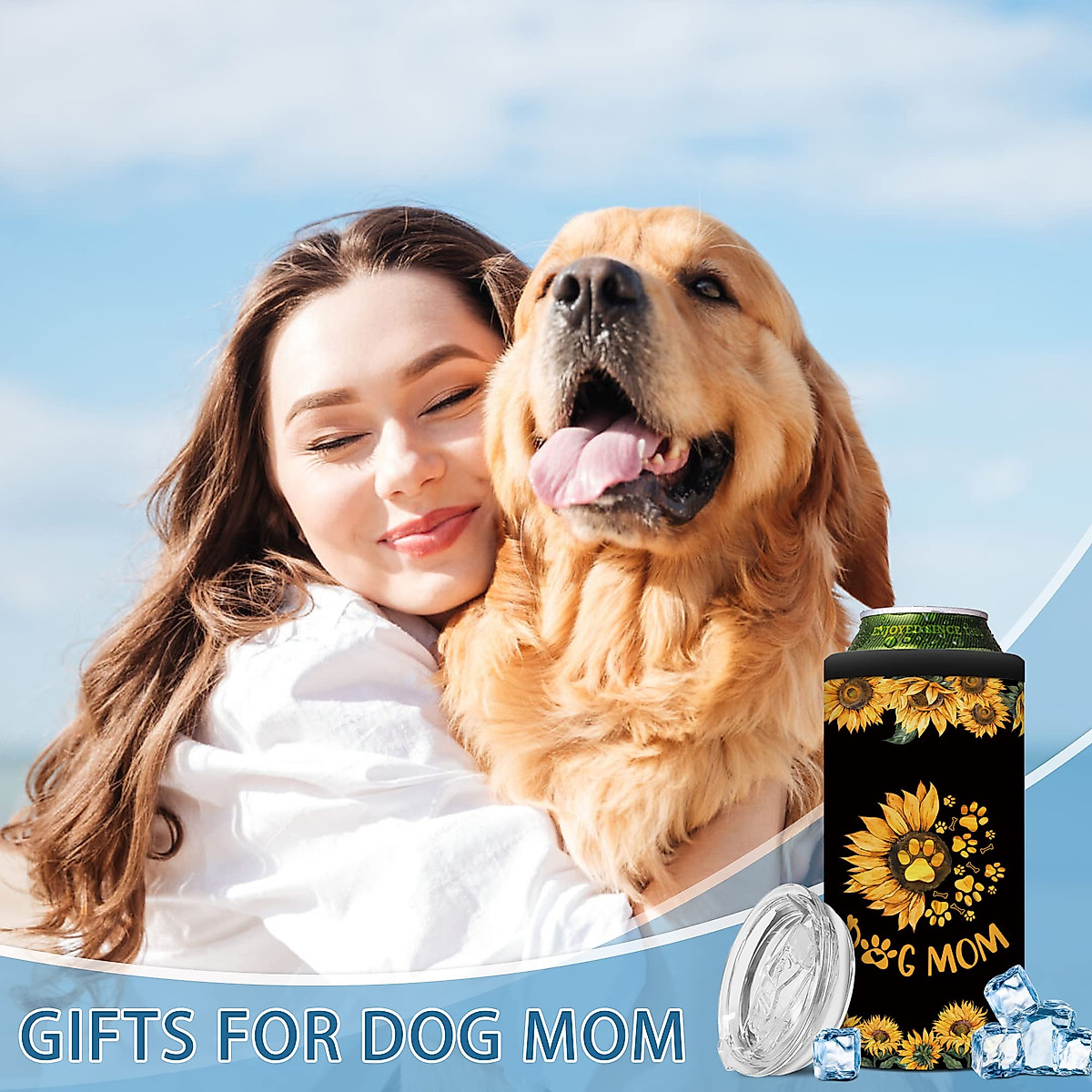 4 in 1 Skinny Can Cooler for Slim Bottle & Hard Seltzer, Dog Mom Gifts for Women, Black Insulated Stainless Steel Tumbler with Lid, Non-slip, Doucle-Walled Vacuum, Leak Proof Cool Drink Holder