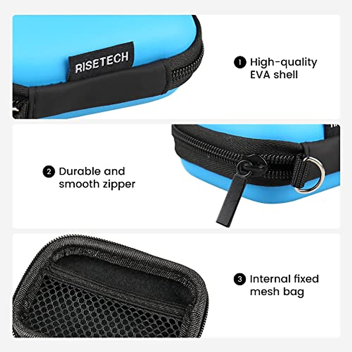 Earphone case, RISETECH Earbud Carrying Case Holder Hard EVA Headphone Small Zipper Pouch Compatible with Beats Fit Pro, TOZO A1, Bose Soundsport, EarPods, AirPods, Sony Wired Earbuds with Clip -Blue