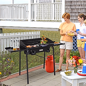 ROVSUN 2 Burner Gas Stove with Side Shelves, 150,000 BTU Portable Propane Stove with Removable Legs, Wind Panels & Regulator for Camping Home Backyard Cooking Brewing Canning Turkey Frying