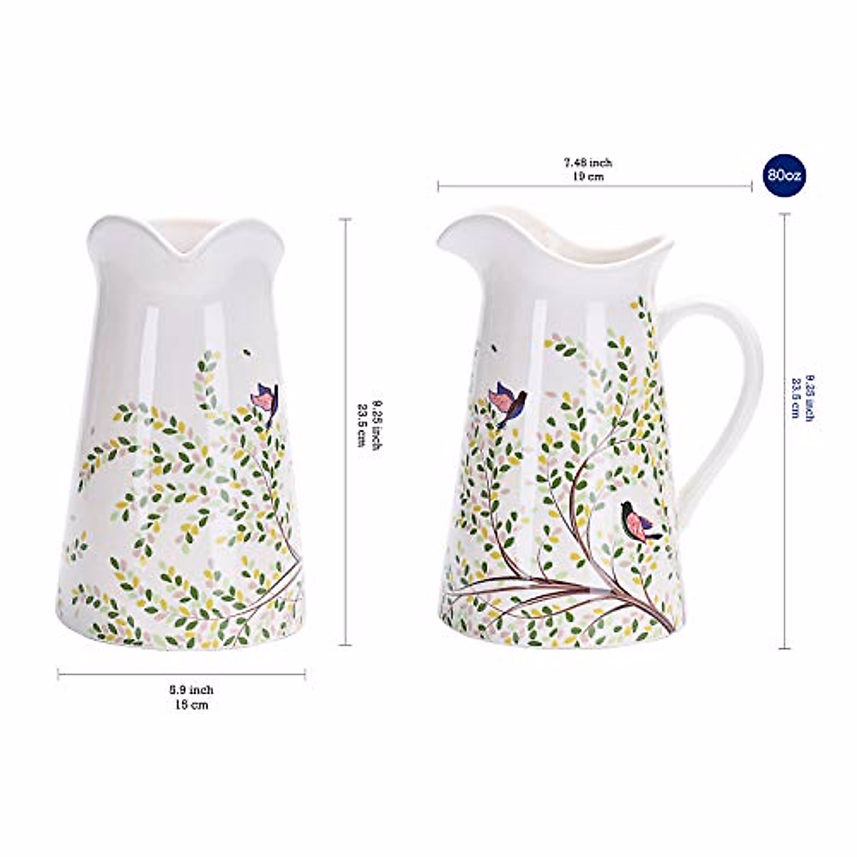 Bico Bird On Tree Ceramic 2.5 Quarts Pitcher with Handle, Decorative Vase for Flower Arrangements, Dishwasher Safe