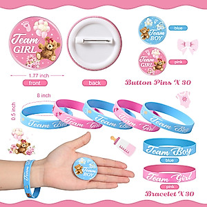 Capoda Boy or Girl Gender Reveal Sash Pink Blue Mom and Dad to Be Pins with Flower Crown Wristband 30 Team Boy Girl Button Pins and 30 Silicone Wristbands for Baby Shower (Bear)