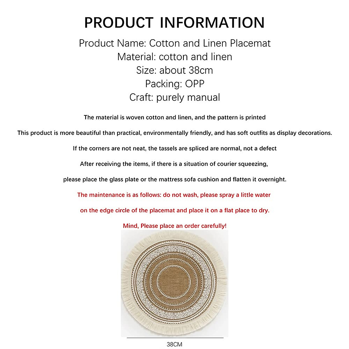 Boho Print Round Placemat Set of 4 - Farmhouse Jute Table Mats with Pompom Tassel 15 Inch Place Mat for Dining Room Kitchen Table Decor (Set F2)