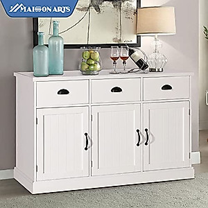 MAISON ARTS White Buffet Cabinet with Storage Kitchen Sideboard with 3 Doors & 3 Drawers Farmhouse Buffet Server Bar Cabinet Console Table for Dining Living Room Decorative Cupboard, White