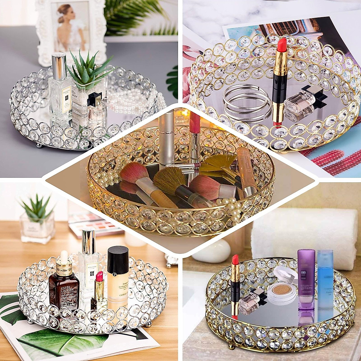 Efavormart 16" x 12" Gold Metal Crystal Beaded Decorative Serving Tray Oval Mirror Tray for Wedding Birthday Party