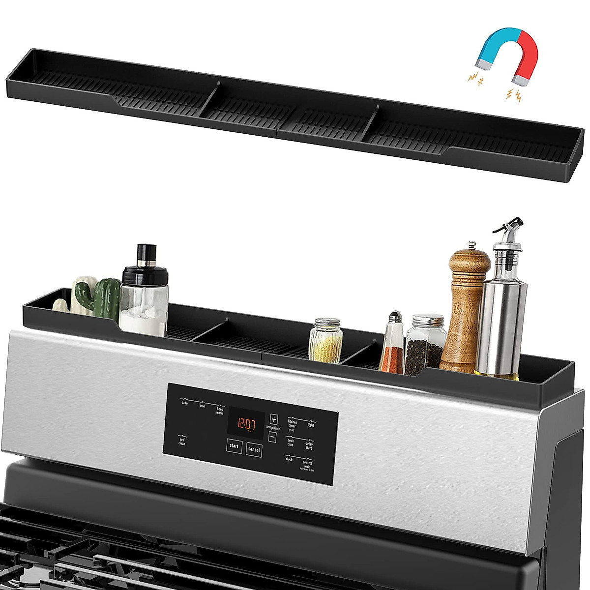 AWOKE Stove Top Shelf 30 Inch - Silicone Material Magnetic Shelf for the Stove - 3 Functional Partitions Kitchen Spice Rack Organizer - Dark Grey