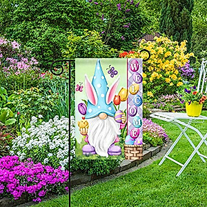 Texupday Welcome Bunny Gnome Easter Eggs Tulips Decoration Easter Spring Holiday House Flag Outdoor Yard Flag 28" x 40"