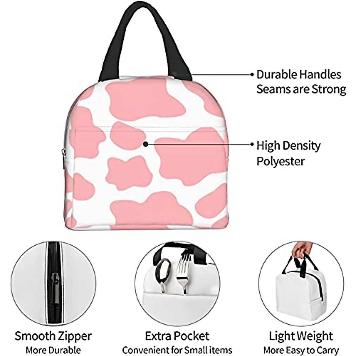 carati Insulated Lunch Bag Women Girls, Reusable Cute Tote Lunch Box for Kids & Men, Leakproof Cooler Lunch Bags for School Work Office Travel Picnic, Pink Cow Print
