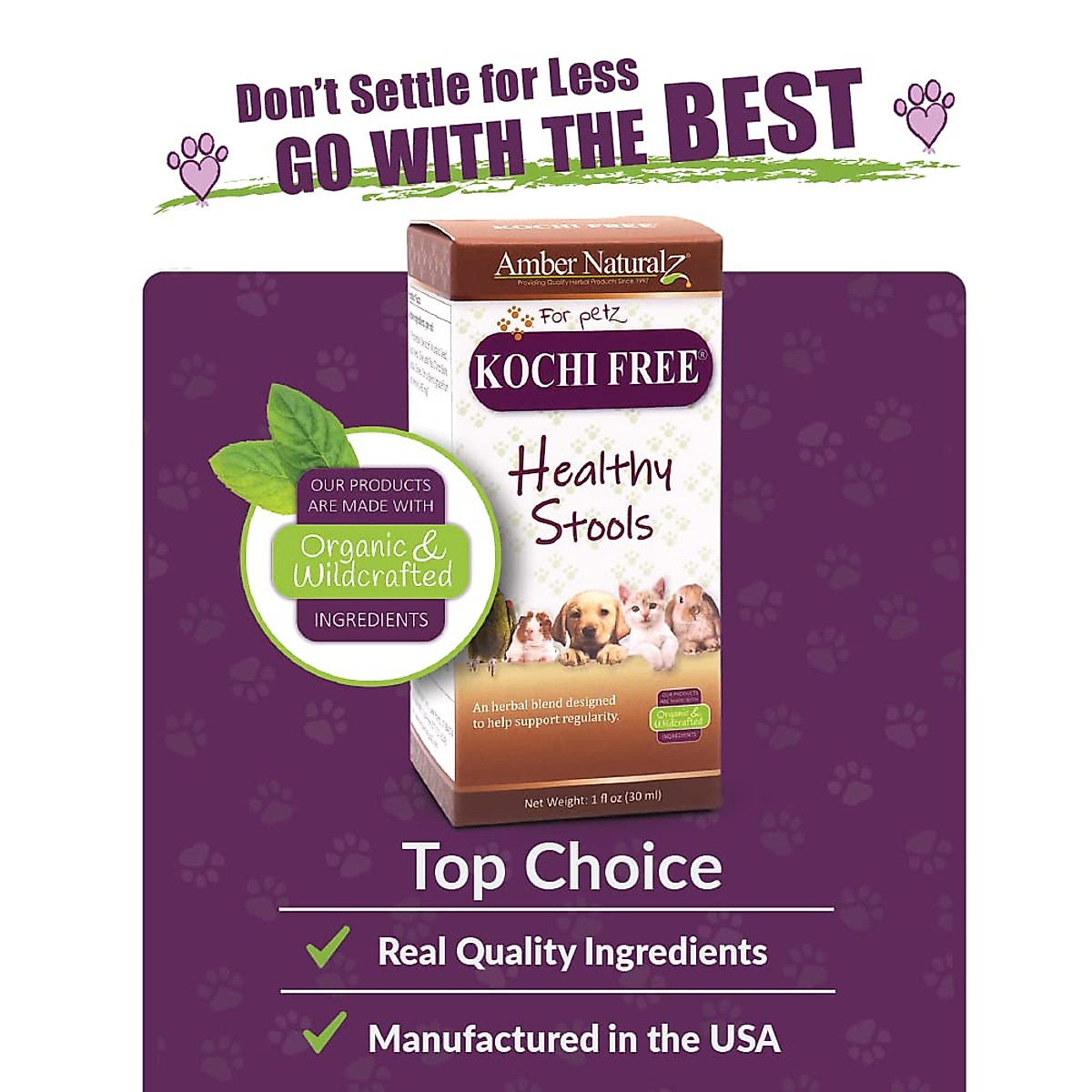 Amber NaturalZ Kochi Free Herbal Supplement for Dogs, Cats, Birds, Guinea Pigs, and Rabbits | Pet Herbal Supplement for Healthy Stool Support | 1 Fluid Ounce Glass Bottle | Manufactured in The USA