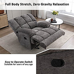 Dreamsir Oversized Rocker Recliner Chair, Manual Recliner Single Sofa Couch, Soft Fabric Overstuffed Rocking Chair for Living Room, Theater Seating for Big Man, Limestone Grey