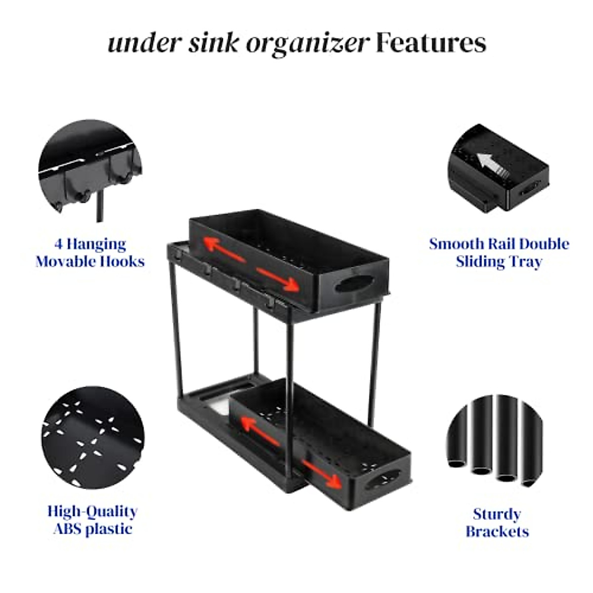 Under Sink Organizers and Storage Sliding - Multipurpose Double Sliding Cabinet Organizer for Bathroom or Kitchen Sink Organizer with 4 Hooks (Black)