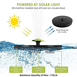 Solar Fountain Pump, 1.4W Solar Powered Fountain Pump with 5 Easy Install Nozzles, Solar Bird Bath Fountain Pump for Pond, Pool, Fish Tank, Aquarium and Garden