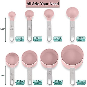 8 Pieces Measuring Cups and Spoons Set / Nesting Measuring Cups with Stainless Steel Handle / for Dry and Liquid Ingredient (Light pink)