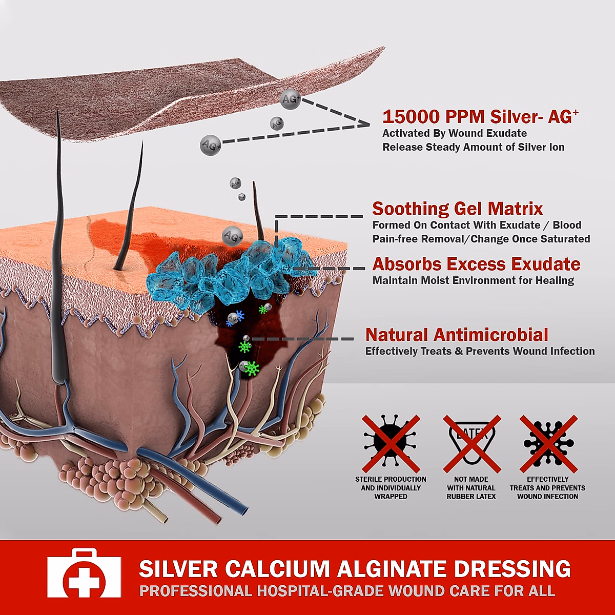EVERLIT AG Silver Calcium Alginate Wound Dressing | Absorbent Non-Stick Sterile Dressing Pad | Gentle Hemostatic Gauze with Natural Gelling Fiber for Wound Care (4" x 4" | Pack of 10)