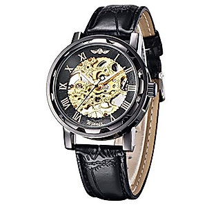 Gute Luxury Steampunk Bling Automatic Mechanical Wristwatch Golden Bezel Minimalist Stainless Steel (Black-Gold)