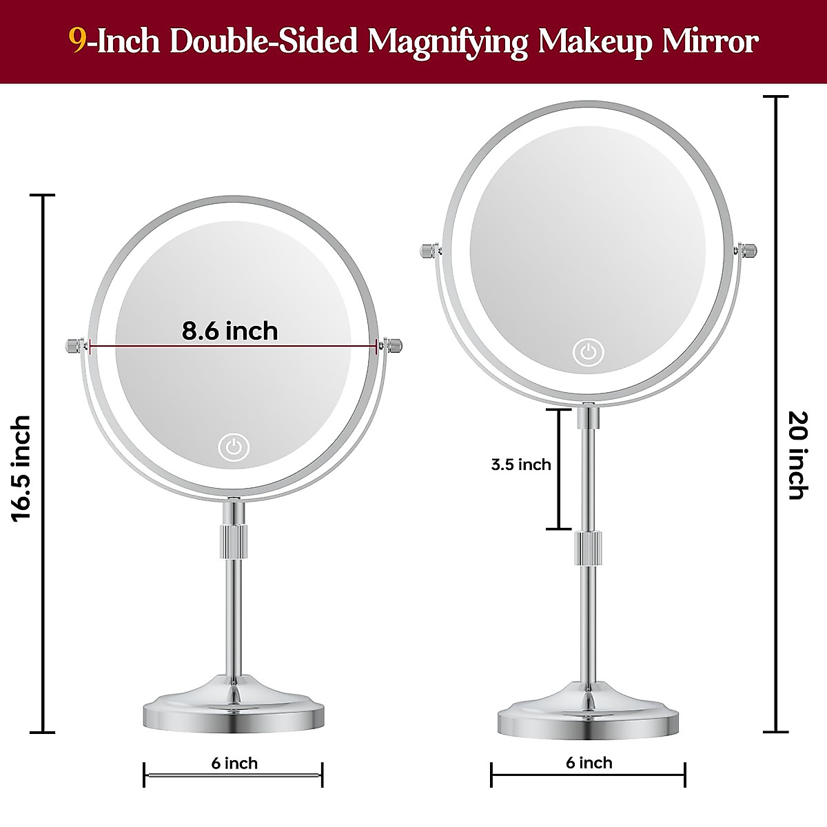 mumianshu Makeup Mirror with Lights and Magnification 10X/1X, 360° Swivel Double Sided Rechargeable LED 9" Cosmetic Mirror, 3 Color Dimmable Lights & Height Adjustable Vanity Mirror Chrome