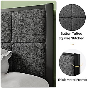 SHA CERLIN Queen Size Bed Frame with Upholstered Headboard, Metal Platform Bed Frame with 17 Steel Slats Support, Mattress Foundation, No Box Spring Needed, Noise Free, Easy Assembly, Dark Grey