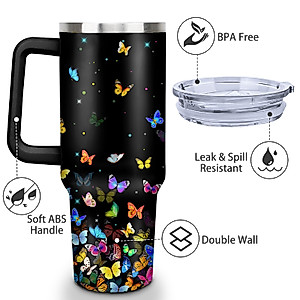thmasamwr Butterfly Tumbler with Lid and Straw, Stainless Steel 40oz Tumbler with Handle, Butterfly Travel Coffee Mug Water Bottle, Butterfly Gifts Cups for Women and Girls