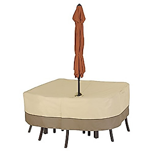 Classic Accessories Veranda Water-Resistant 66 Inch Square Patio Table & Chair Set Cover with Umbrella Hole, Outdoor Table Cover, Pebble