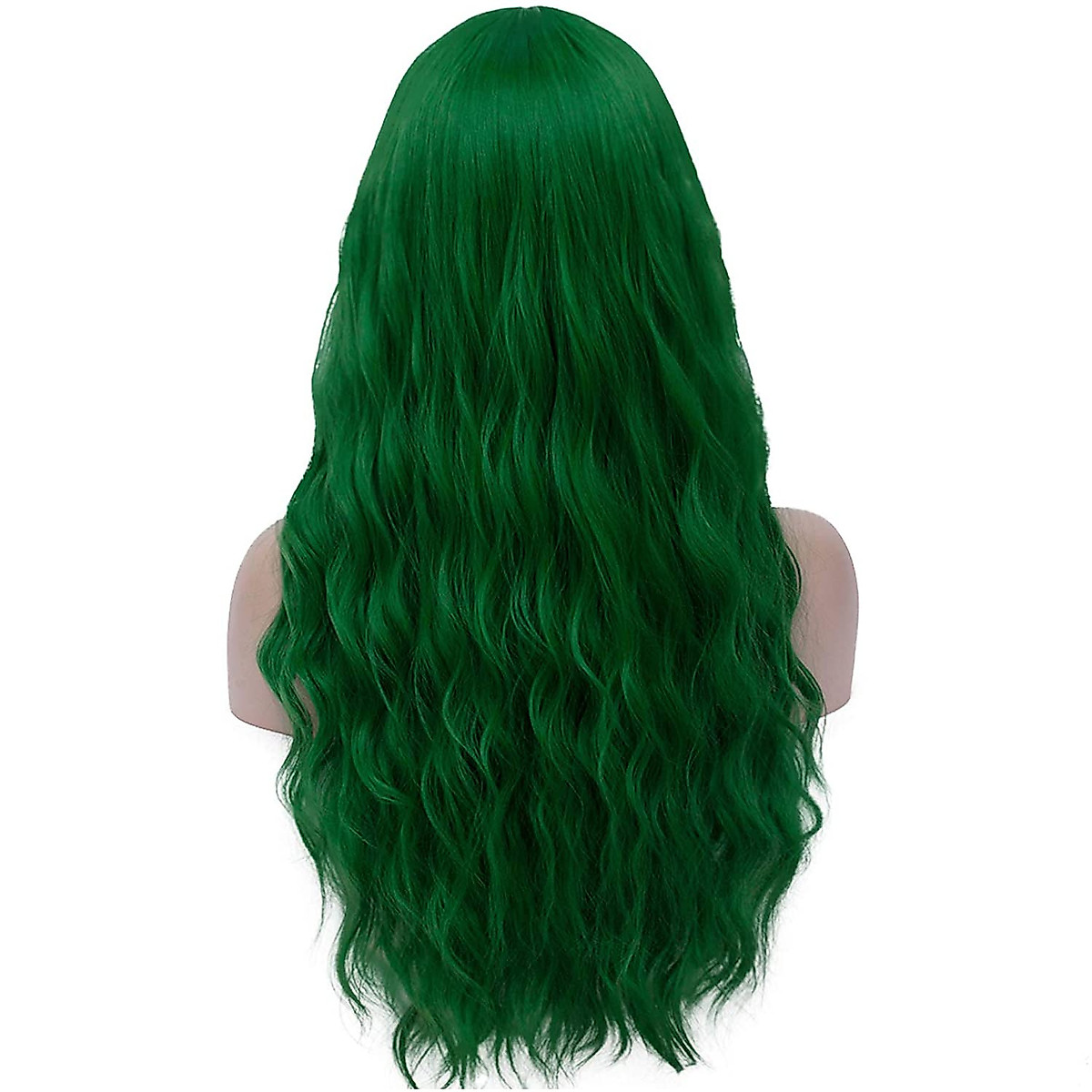 Sallcks Womens Long Curly Wavy Green Wig with Bangs Halloween Cosplay Costume Full Wigs Synthetic Fiber Green Hair Wigs with Wig Cap