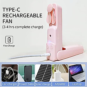 MEIZHOUHU Handheld Misting Fan Folding Pocket Fan Rechargeable Desk Fan Personal Cooling Fan with Flashlight for Home, Travel, Camping (Pink)