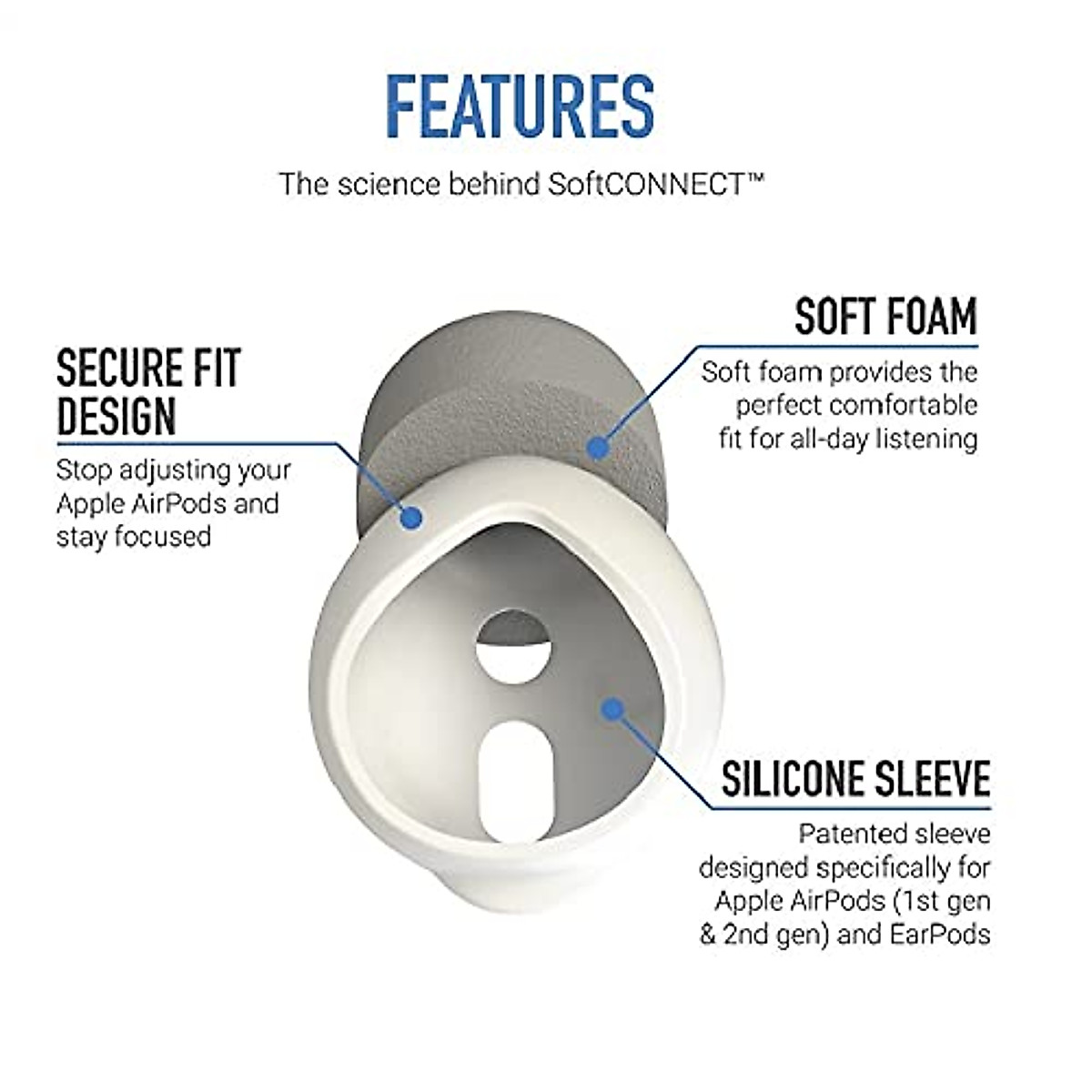 Comply SoftCONNECT Soft Foam Replacement Earphone Tips for Apple AirPods (Gen. 1 & 2), Apple Earpods, and Comparable Headphones (Large, 2 Pairs)